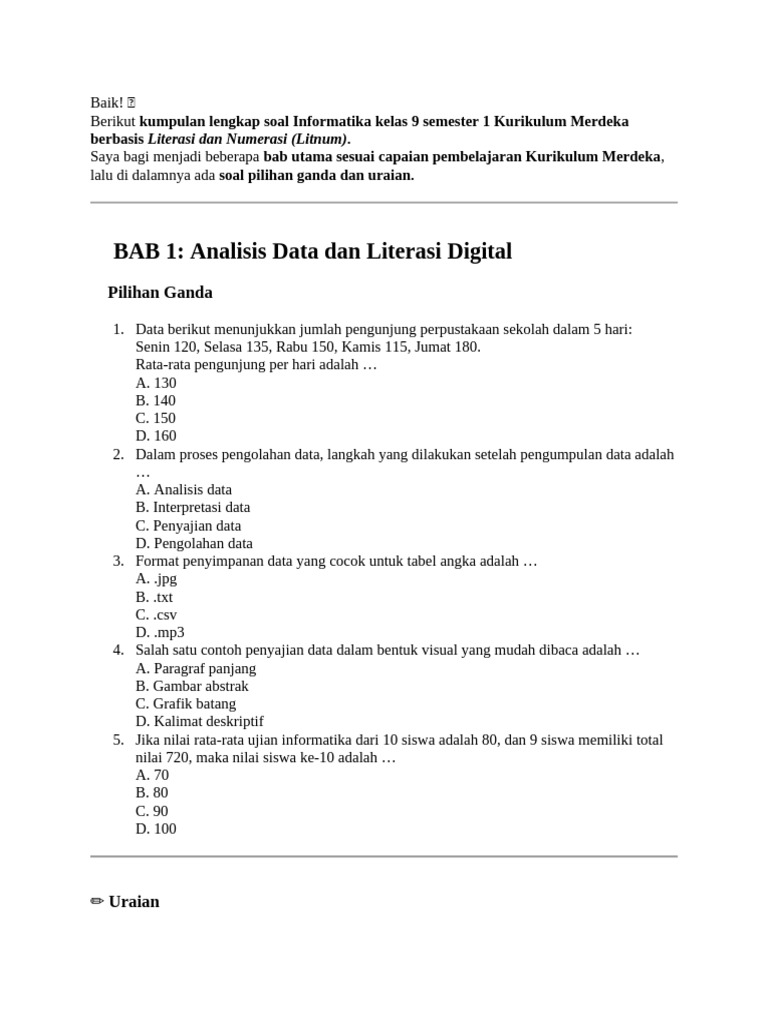 Soal Informatika Kelas 9 Kurikulum Merdeka | PDF