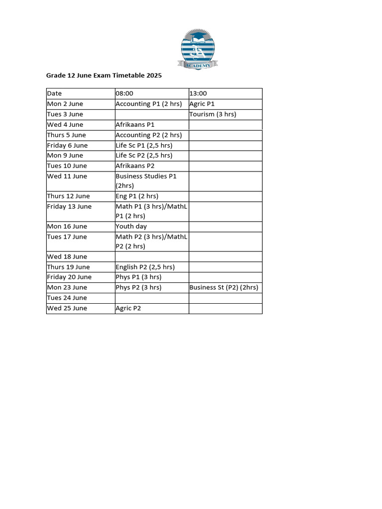 Grade 12 June Exam Schedule 2025 | PDF
