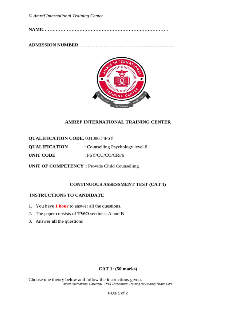 Child Counselling CAT 1 Assessment Guide | PDF