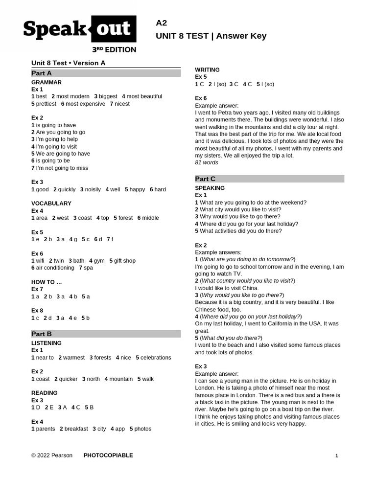 A2 Unit 8 Test Answer Key | PDF