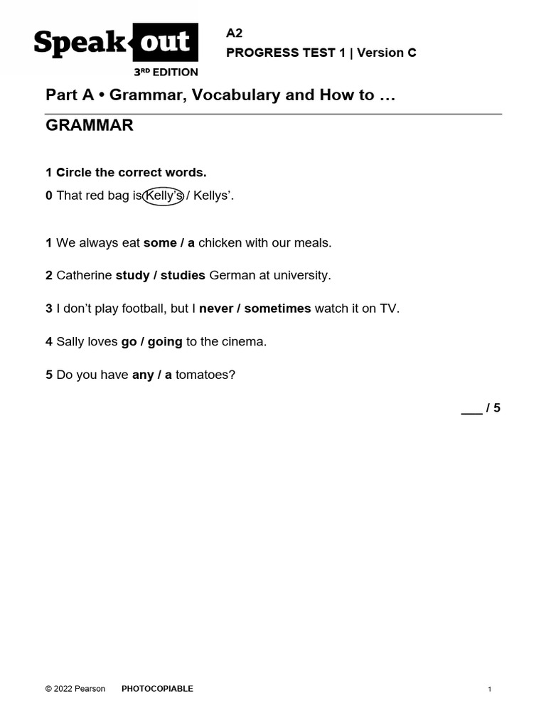 A2 Progress Test 1: Grammar & Vocabulary | PDF | Lunch | Eating ...