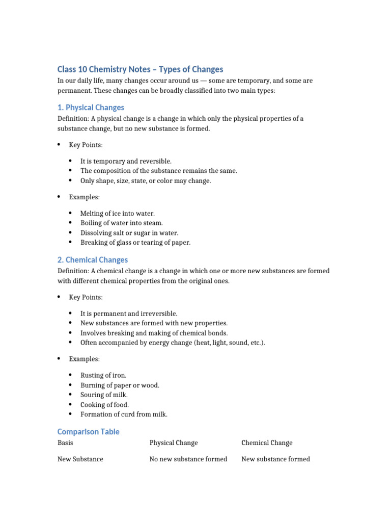 Class 10 Chemistry Types of Changes | PDF