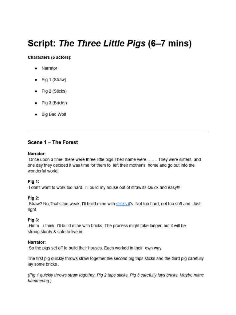 Three Little Pigs Script for Kids | PDF