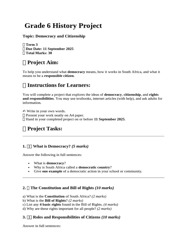 Grade 6 Democracy Project Term 3 | PDF