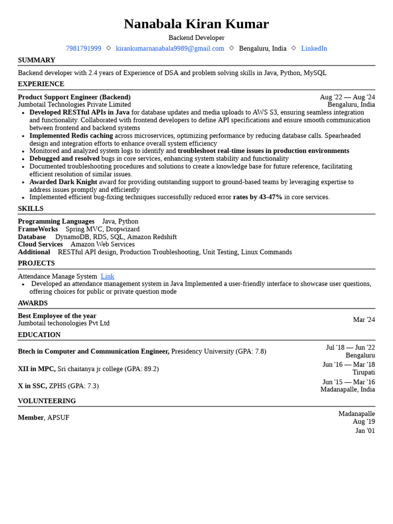 Resume Nanabala Kiran Kumar | PDF | Databases | Python (Programming Language)