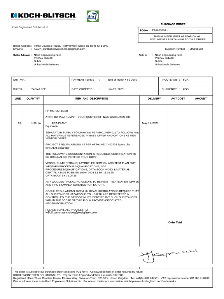 PO ETA030088 Nash Separator Unpriced | PDF | Invoice | Business