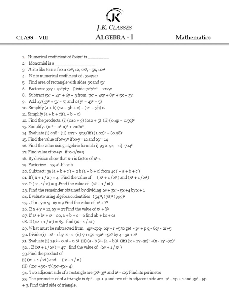 Algebra Sheet | PDF | Algebra | Numbers