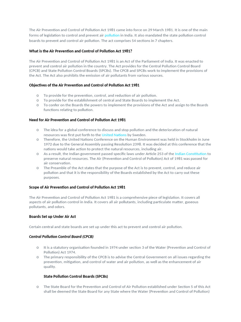 Air Pollution Control Act 1981 Overview | PDF | Air Pollution | Clean ...