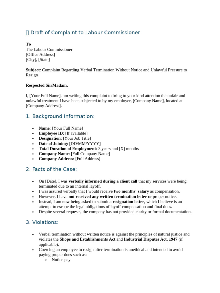 Draft - Labour Complaint | PDF | Employment | Labor