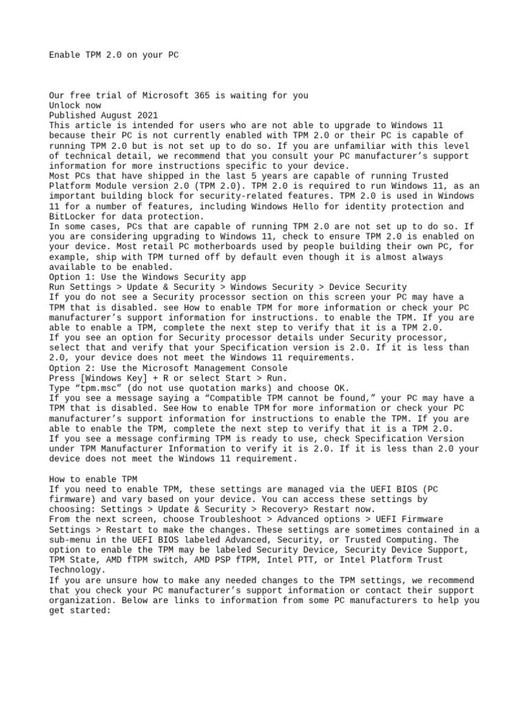 Enable TPM 2.0 On Your PC | PDF | Personal Computers | Microsoft Windows