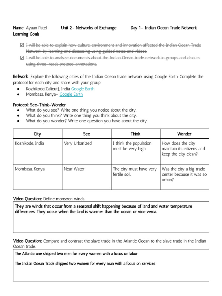 Day 1 Indian Ocean Trade Network Worksheet | PDF | Indian Ocean | Oceans