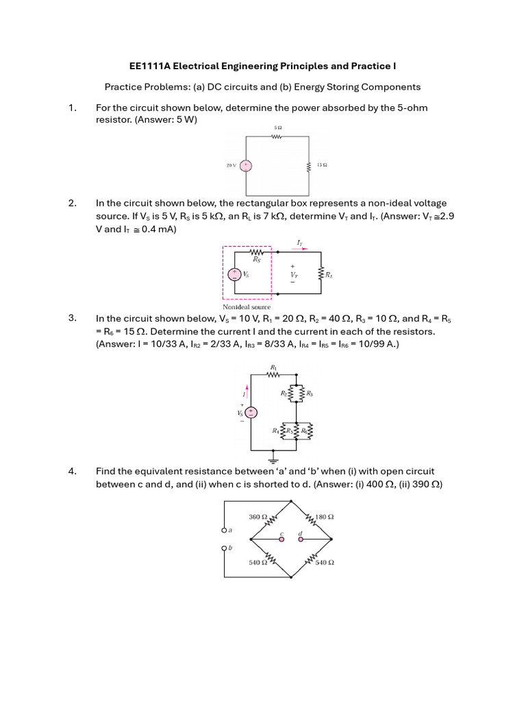 EE1111A Practice Problems | PDF | Damping | Electrical Network