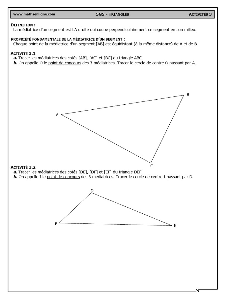 Médiatrices de triangles : Activités 3 | PDF