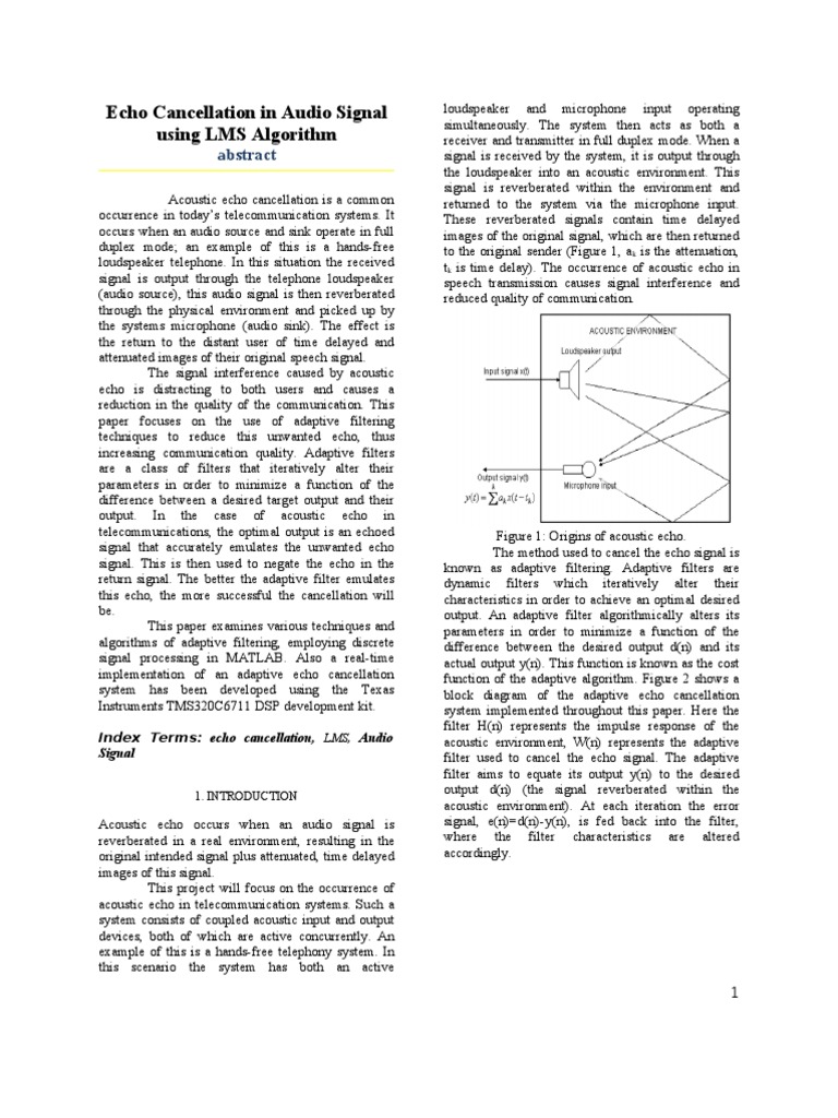 Echo Cancellation In Audio Signal Using Lms Algorithm Pdf Loss Function Mathematical 