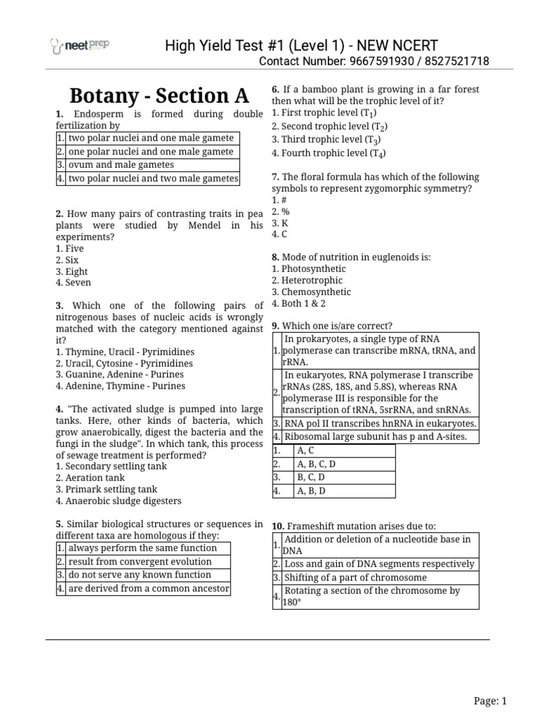 NEET P.P.1High Yield Test #1 (Level 1) - NEW NCERT | PDF | Rna ...