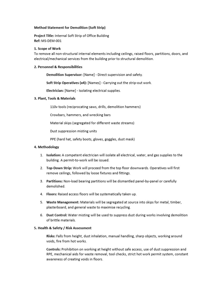 Method Statement For Demolition (Soft Strip) | PDF