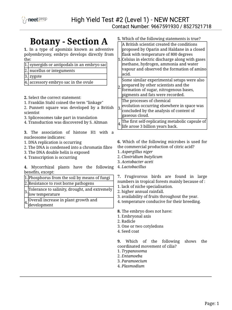 NEET P.P.2 High Yield Test #2 (Level 1) - NEW NCERT | PDF | Thorax | Lipid