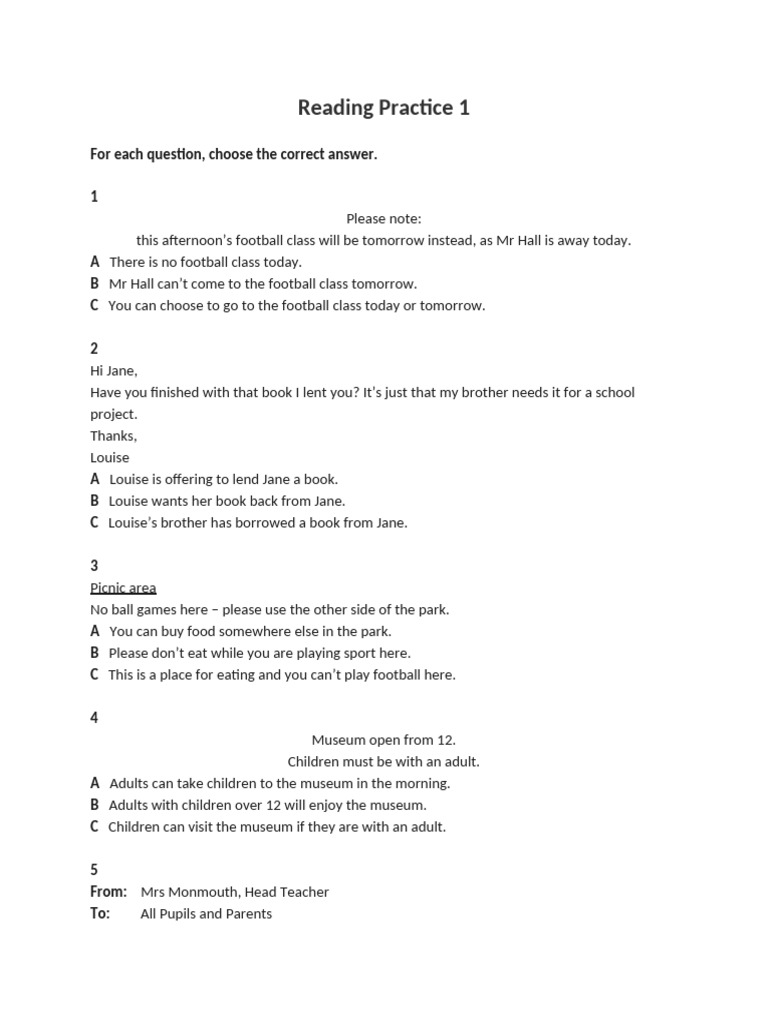 KET Reading Practice Part 1 | PDF