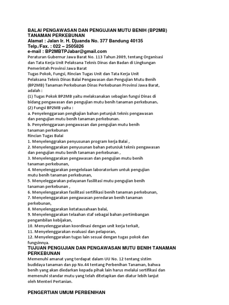 Balai Pengawasan Dan Pengujian Mutu Benih | PDF