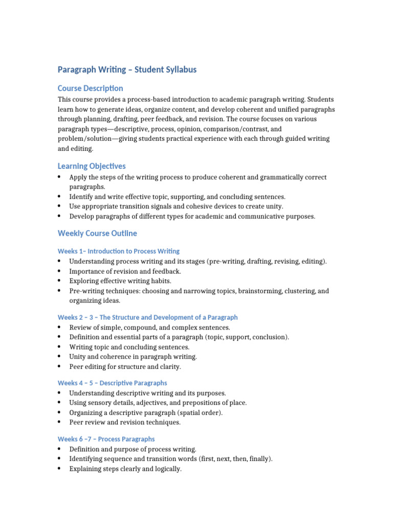 Academic Paragraph Writing Syllabus | PDF | Word | Definition