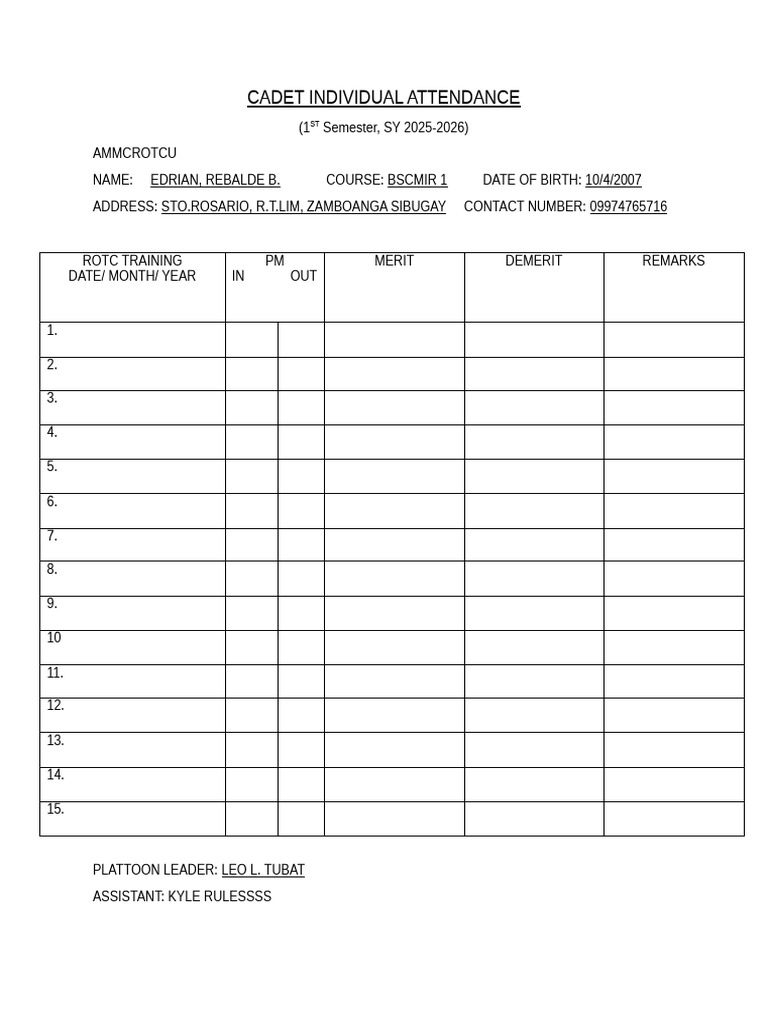 Cadet Attendance Record 2025-2026 | PDF
