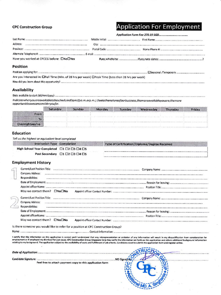 CPC Construction Group Job Application Form | PDF