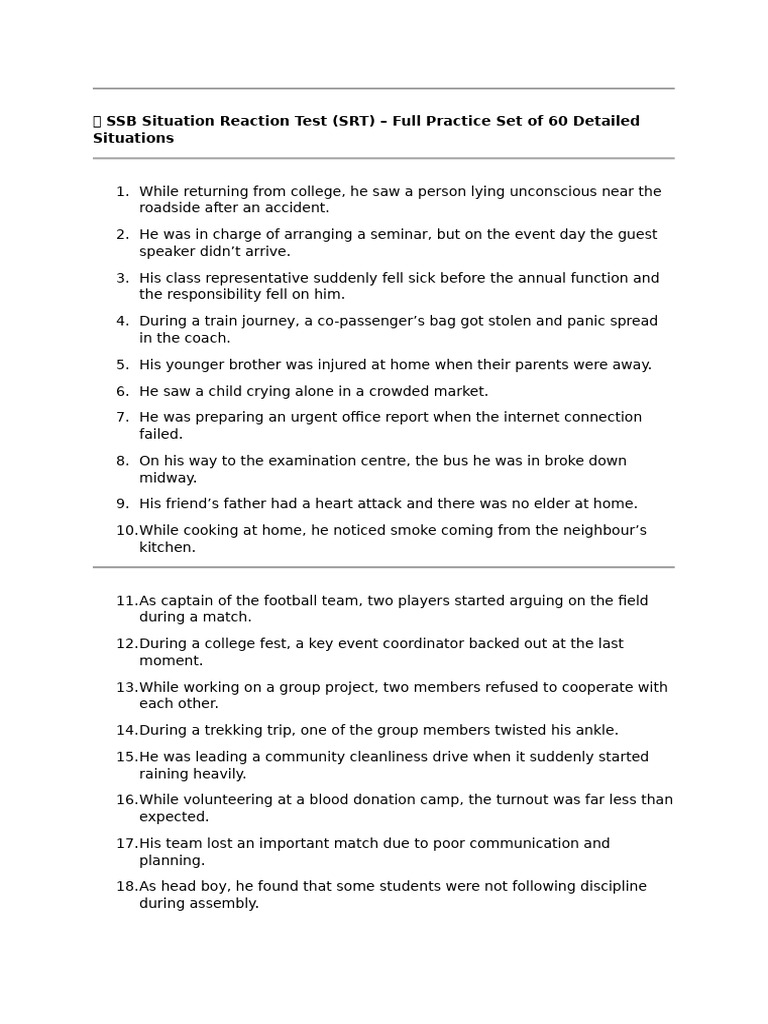 SSB Situation Reaction Test Practice Set | PDF