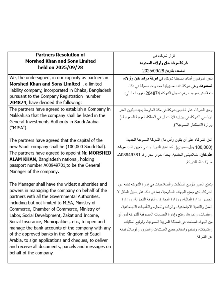 Morshed Partners Resolution | PDF