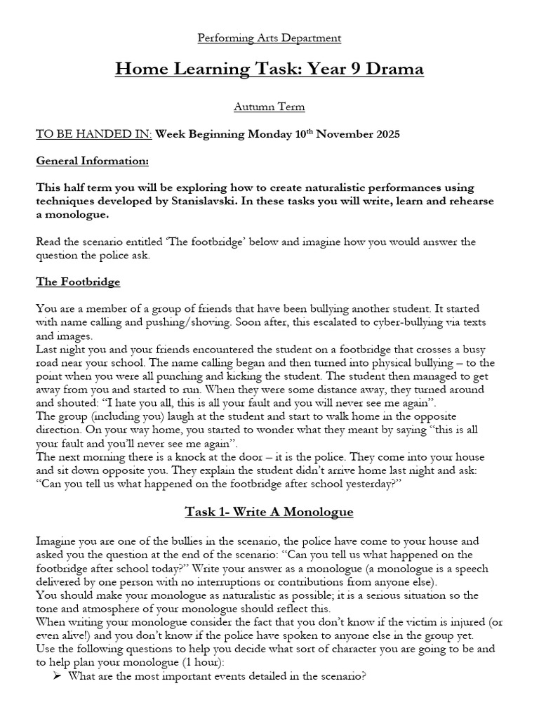 Year 9 Drama Monologue Assignment | PDF