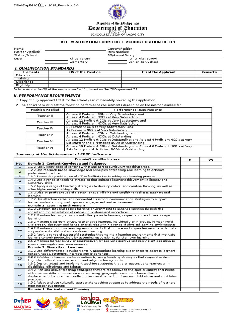 Reclassification Form For Teaching Positions - RFTP | PDF | Learning | Educational Assessment