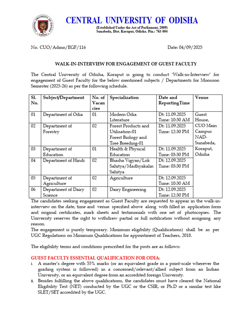 CUO Guest Faculty Walk-in Interview 2025 | PDF | Academic Degree ...