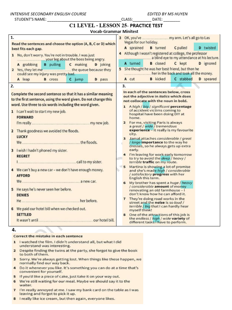 Intensive English Course C1 Practice Test | PDF | Cognition | Cognitive ...