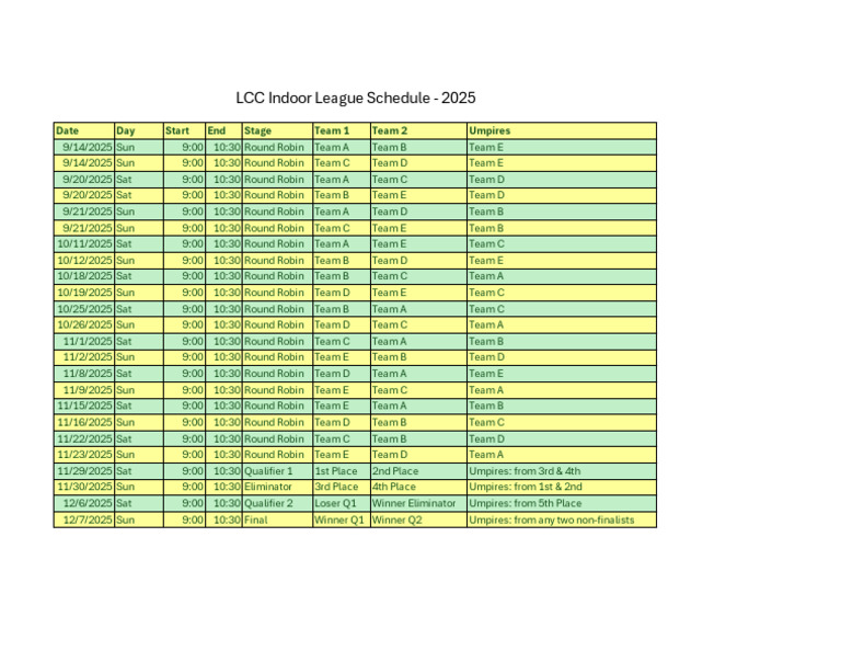 2025 LCC Indoor League Schedule | PDF