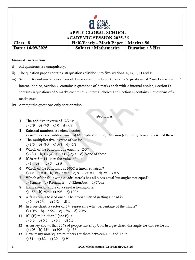 Grade 8 Mathematics Mock Paper 2025-26 | PDF | Elementary Mathematics ...