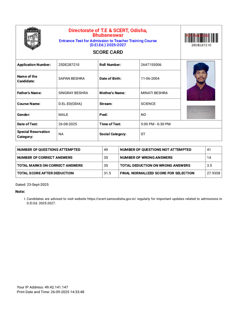 SCERT Score Card | PDF
