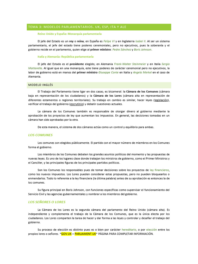 Modelos Parlamentarios en Europa: UK, ESP, ITA, ALE | PDF | Cortes ...