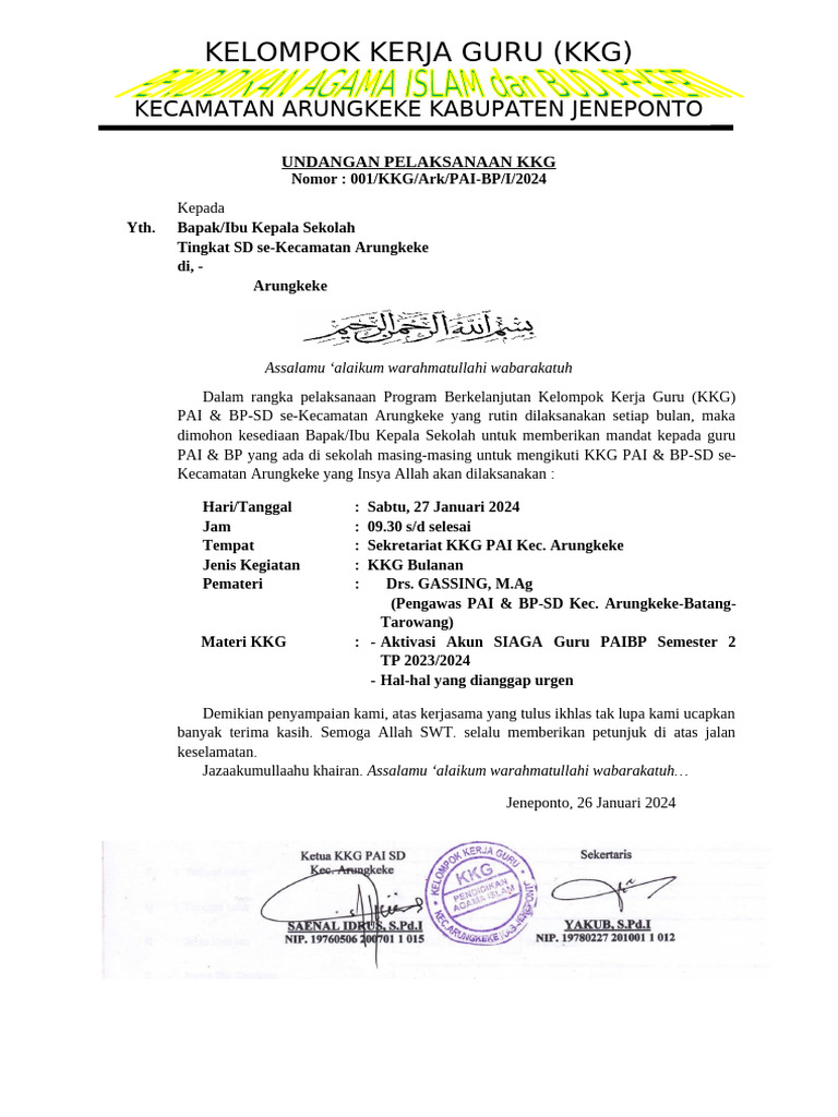 Undangan KKG PAI & BP Kecamatan Arungkeke | PDF