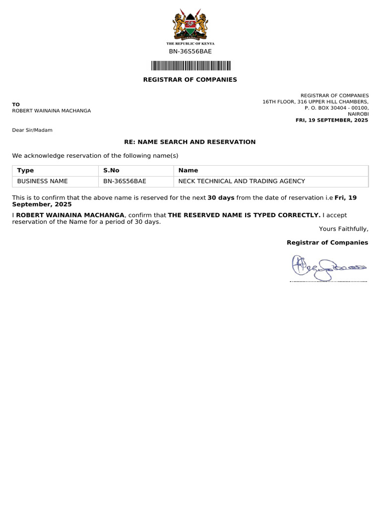 Name Reservation Confirmation Letter | PDF