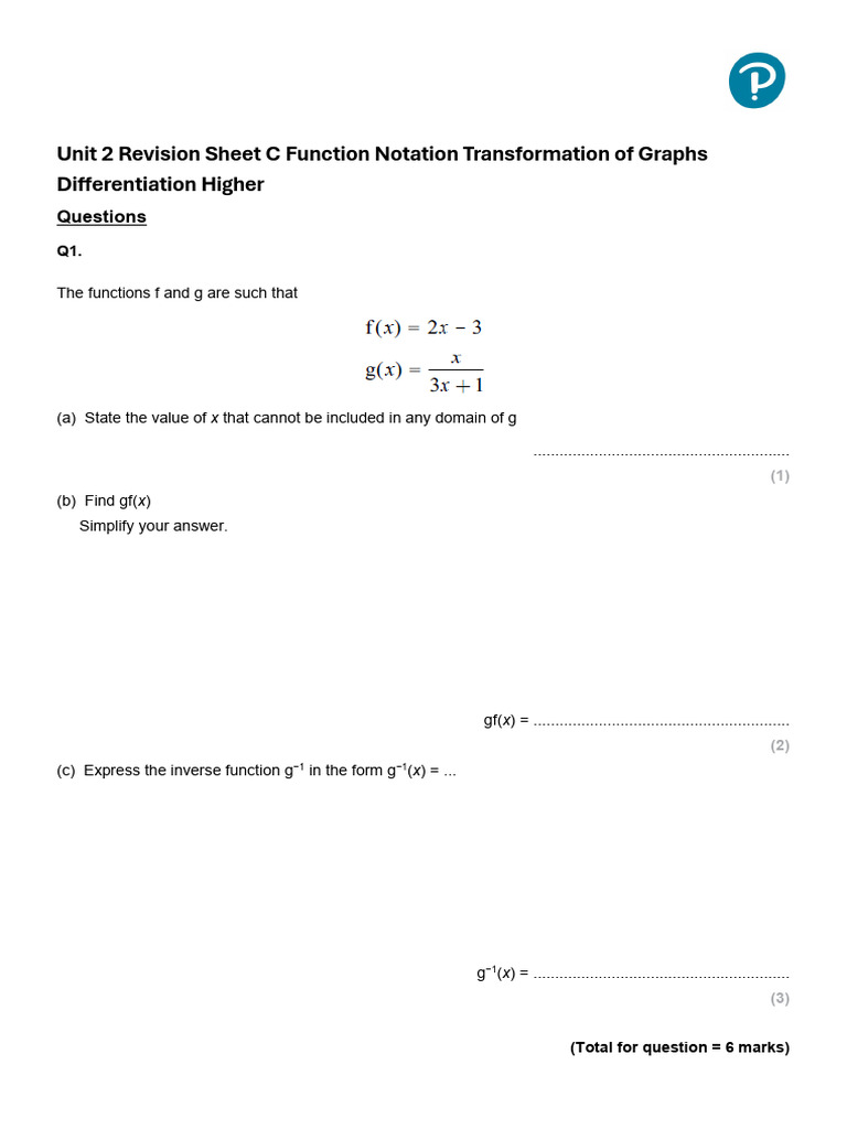 Unit 2 Revision Sheet C Function Notation Transformation of Graphs ...