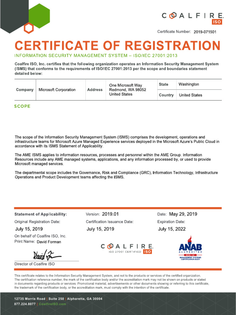 Azure - Microsoft AME ISO 27001 Certificate Award (2019) | PDF