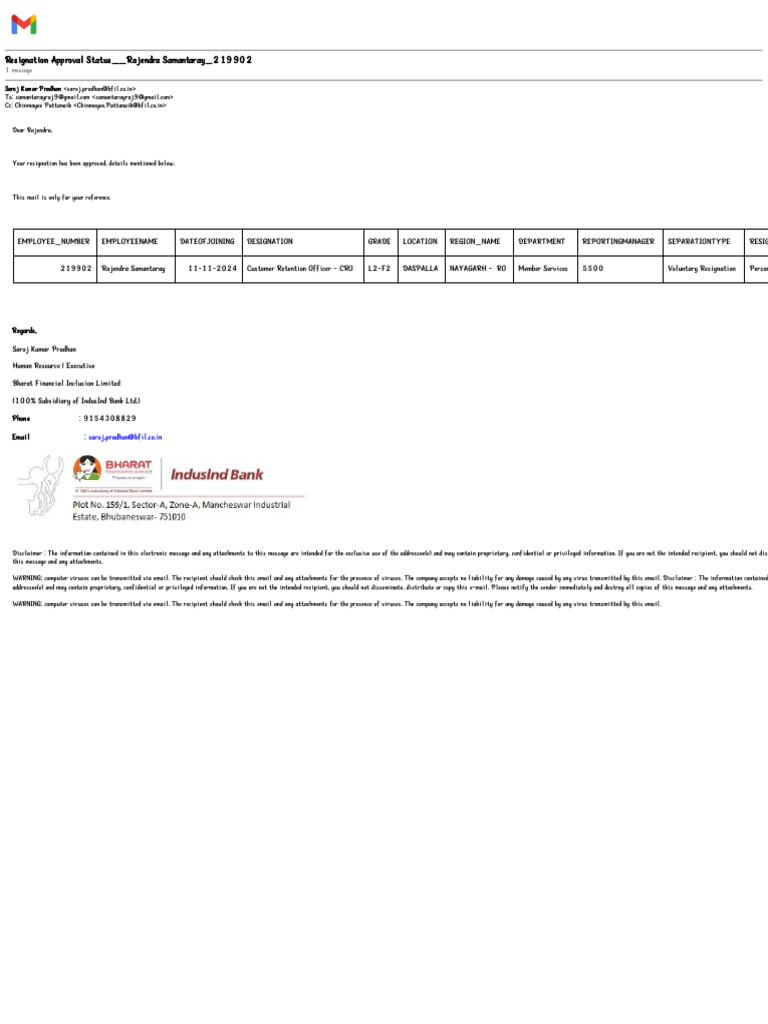 Gmail - Resignation Approval Status - Rajendra Samantaray - 219902 | PDF
