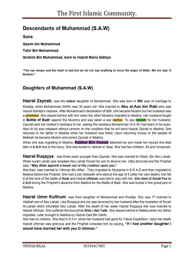 Descendants of Muhammad (S.A.W) Explained | PDF | Husayn Ibn Ali | Muhammad
