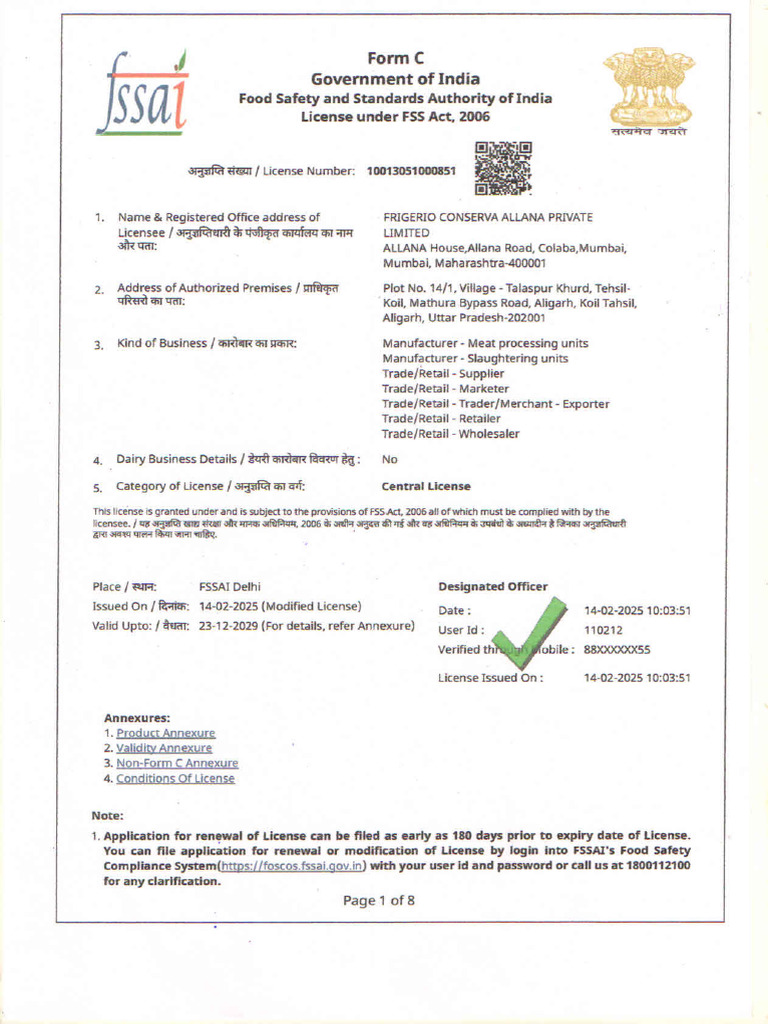 FSSAI Certificate Valid 23-12-2029 | PDF