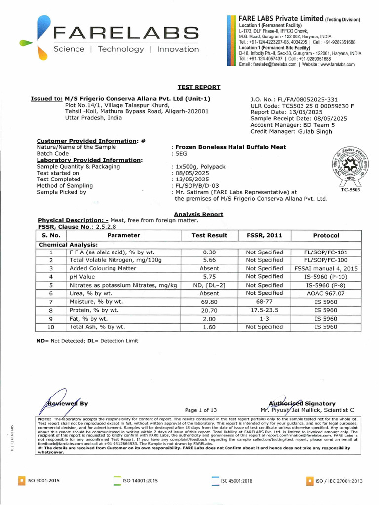 Test Report of Frozen Boneless Halal Buffalo Meat-331 | PDF