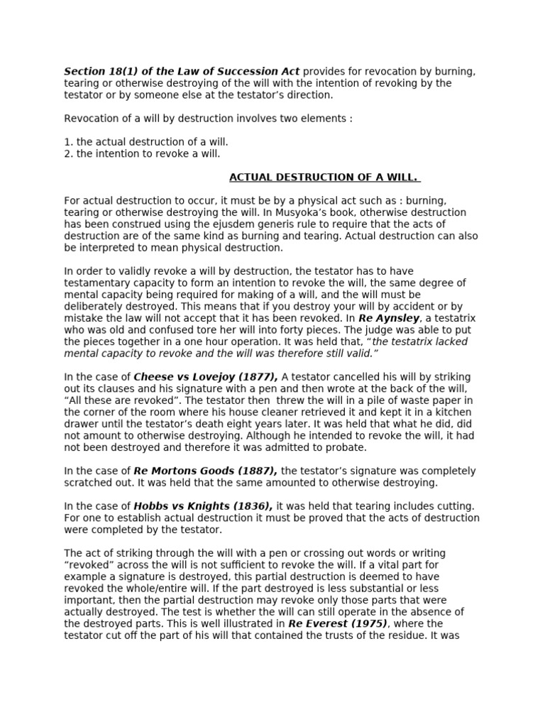 Revocation of Wills by Destruction Explained | PDF | Will And Testament ...