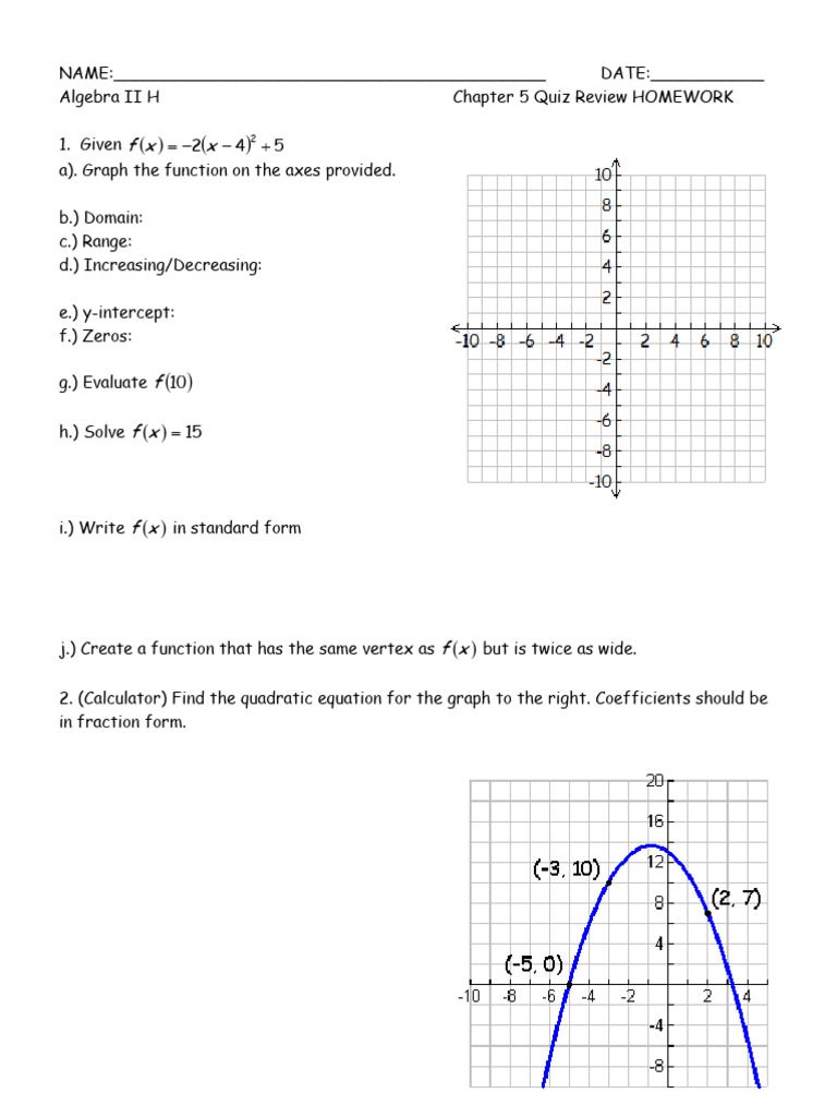Quadratic Squiz Review HW | PDF