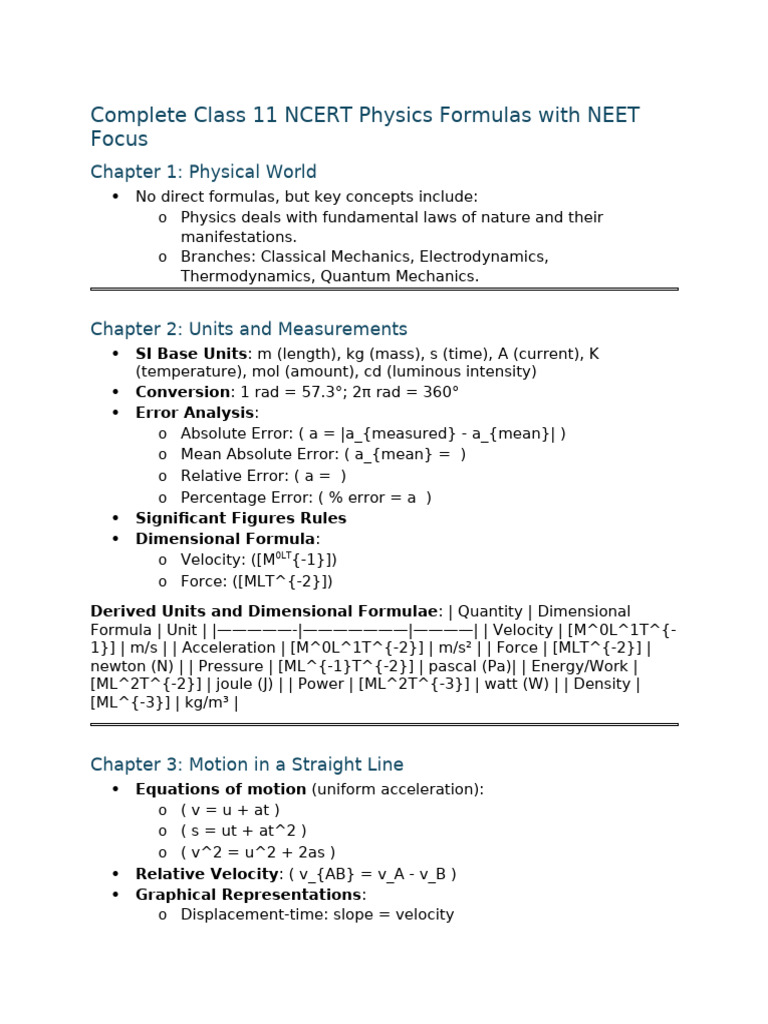 Class 11 Physics Formulas | PDF | Rotation Around A Fixed Axis ...