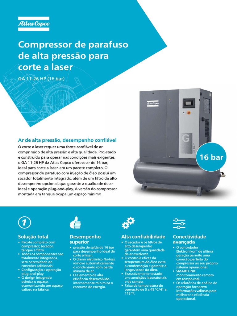 Catalogo Resumindo Compressor Atlas Copco GA 16bar Alta Pressão Uso em ...