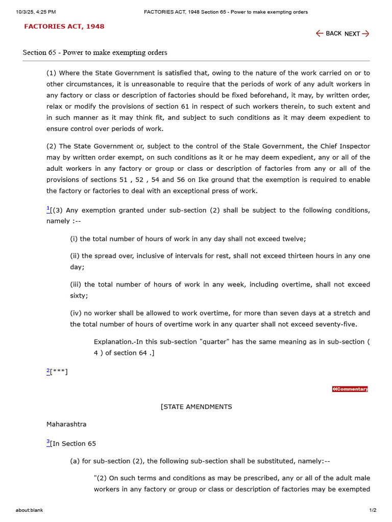 Section 65: Exemptions in Factories Act | PDF | Overtime | Statutory Law