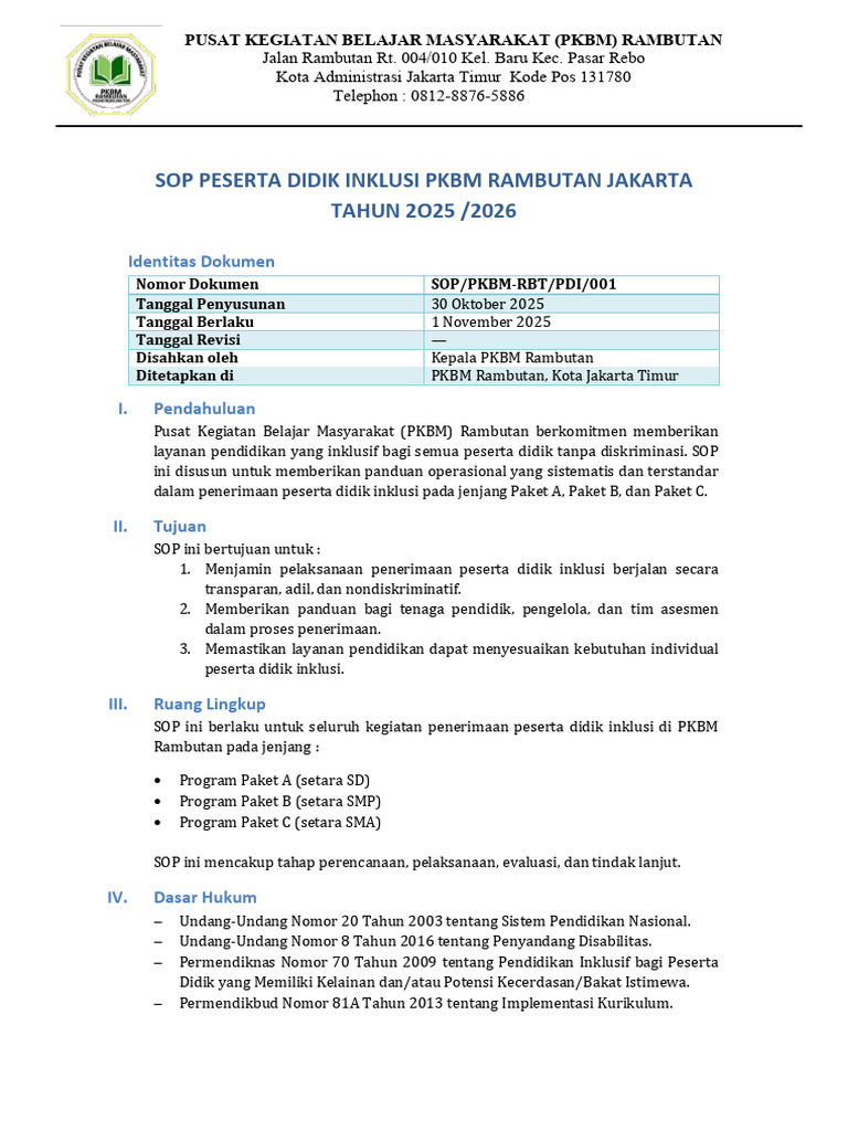 SOP Penerimaan Peserta Didik Inklusi | PDF